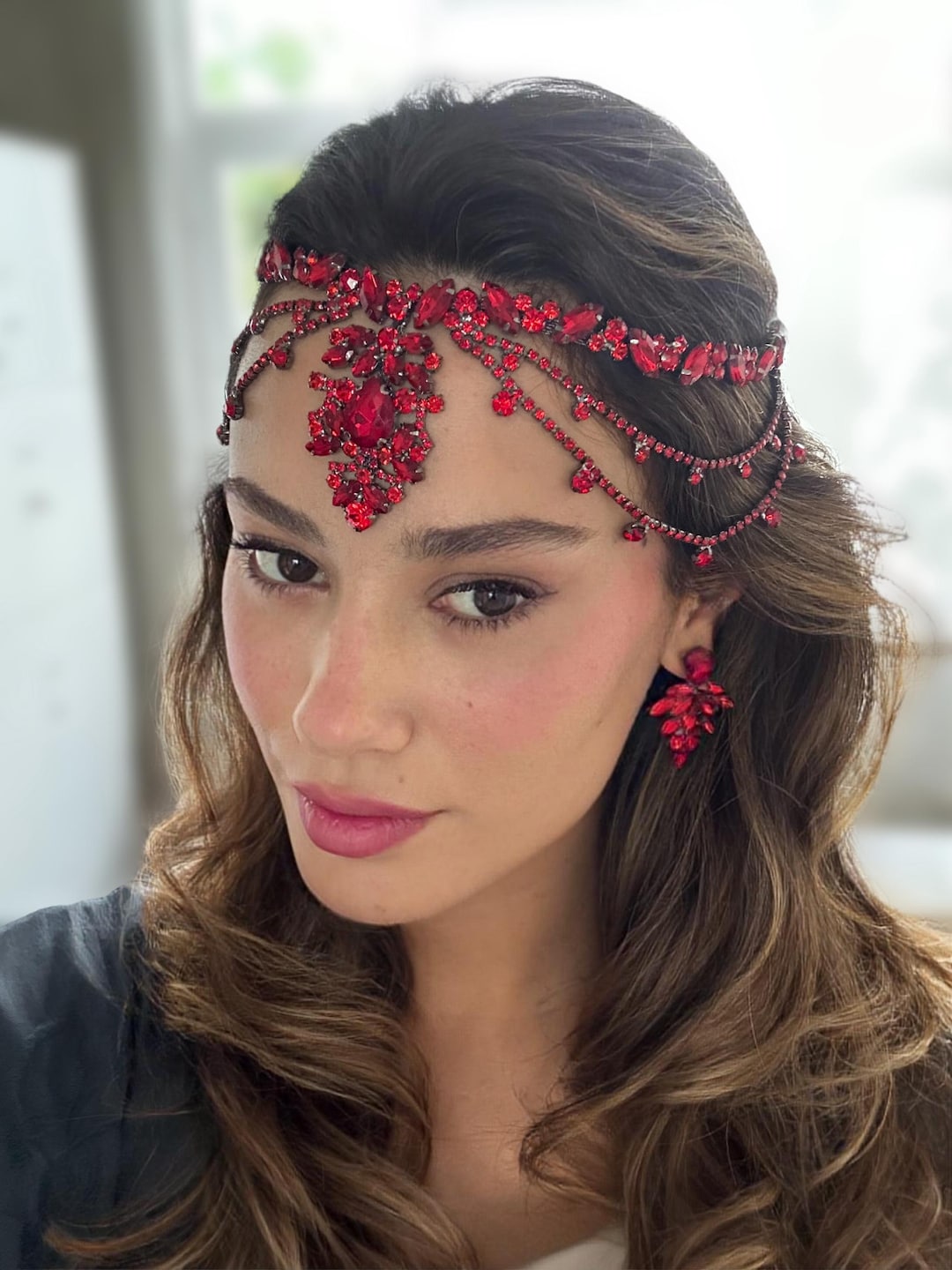 Red Rhinestone Bridal Headband and Earring Set: Leaf Henna Pediment - Etsy