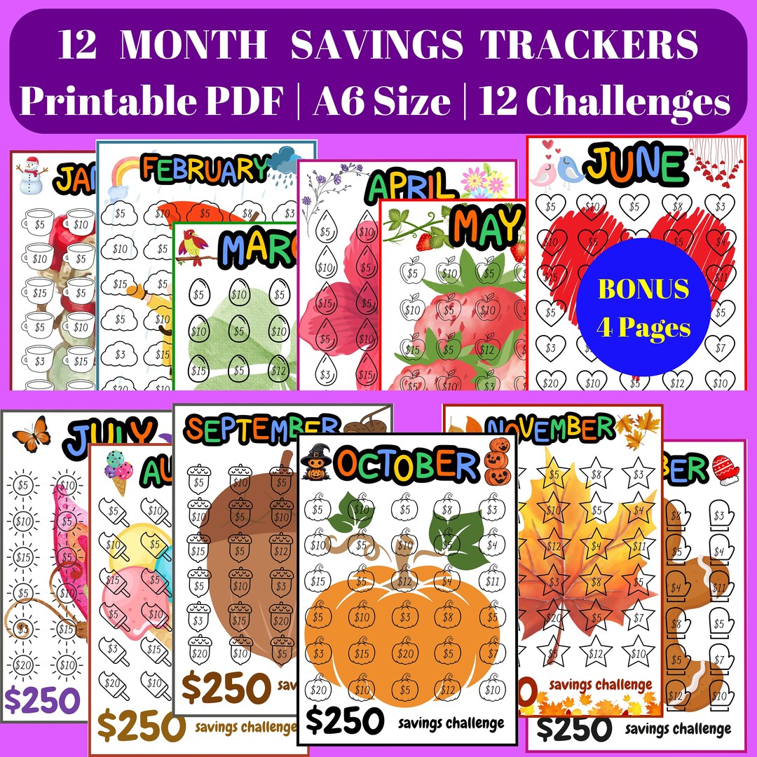 Monthly Printable Savings Challenge Trackers & Cash Envelopes, Savings ...