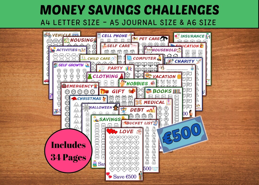 Printable Savings Challenge | Save 500 Euros per Page | Set of 34 | A4 ...