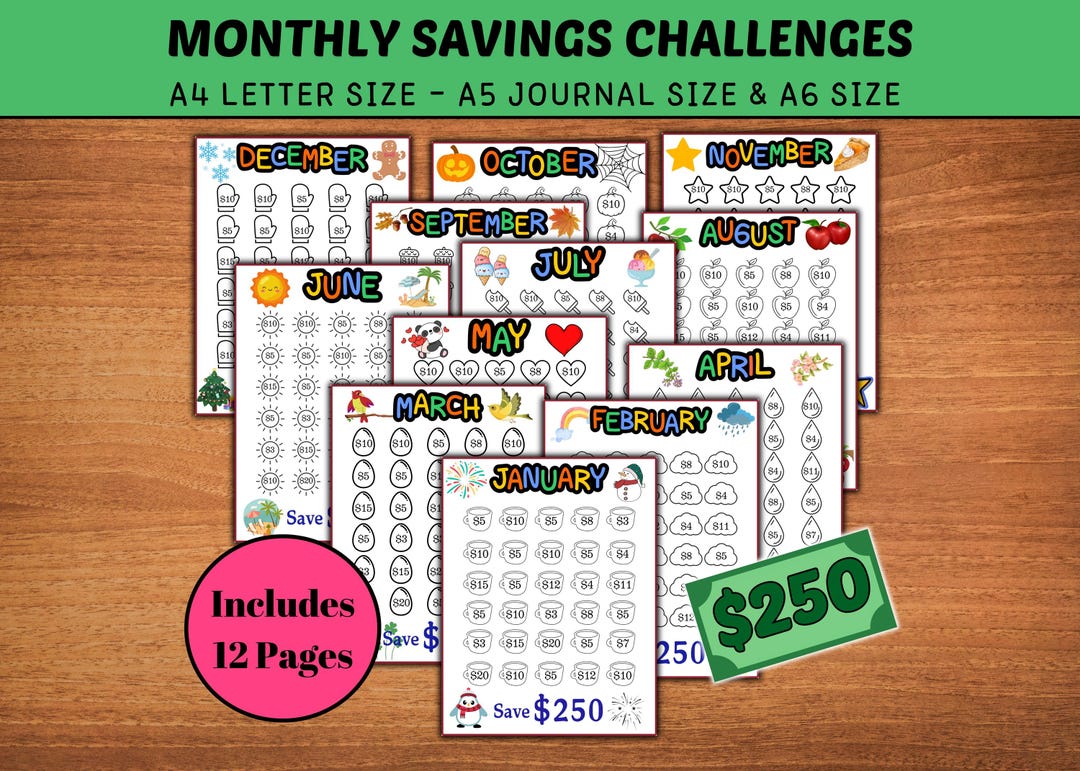 Monthly Printable Savings Challenge Trackers & Cash Envelopes | Save ...