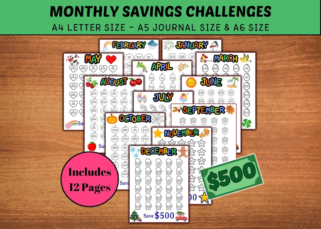 Monthly Printable Savings Challenge Trackers & Cash Envelopes | Save ...