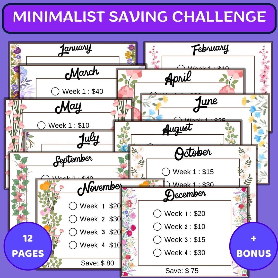 Minimalist Printable Savings Challenge, Monthly Money Saving Challenge ...