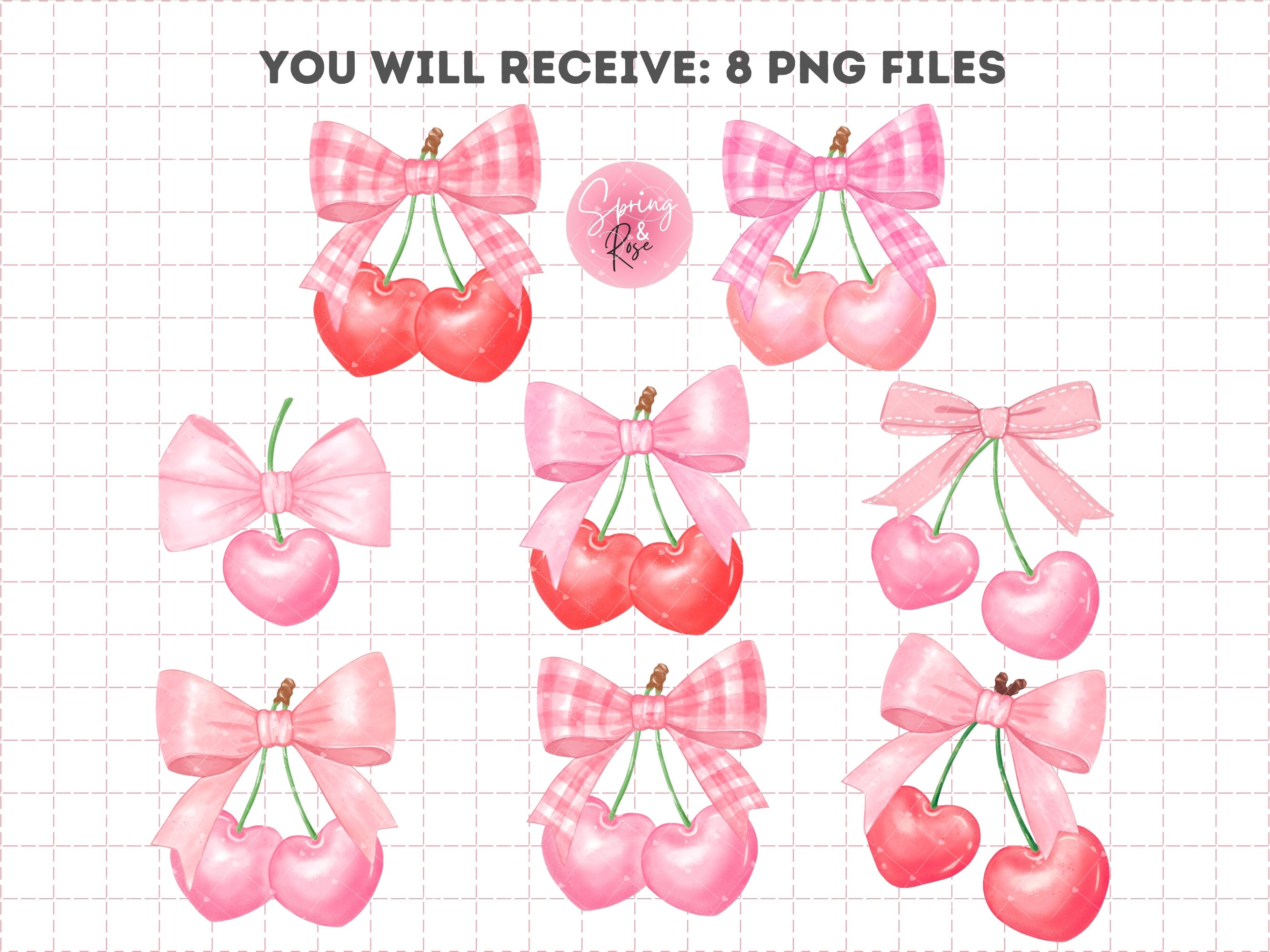 Coquette Cherry Png Pink Ribbon Bow Watercolor Clipart Bundle Digital ...