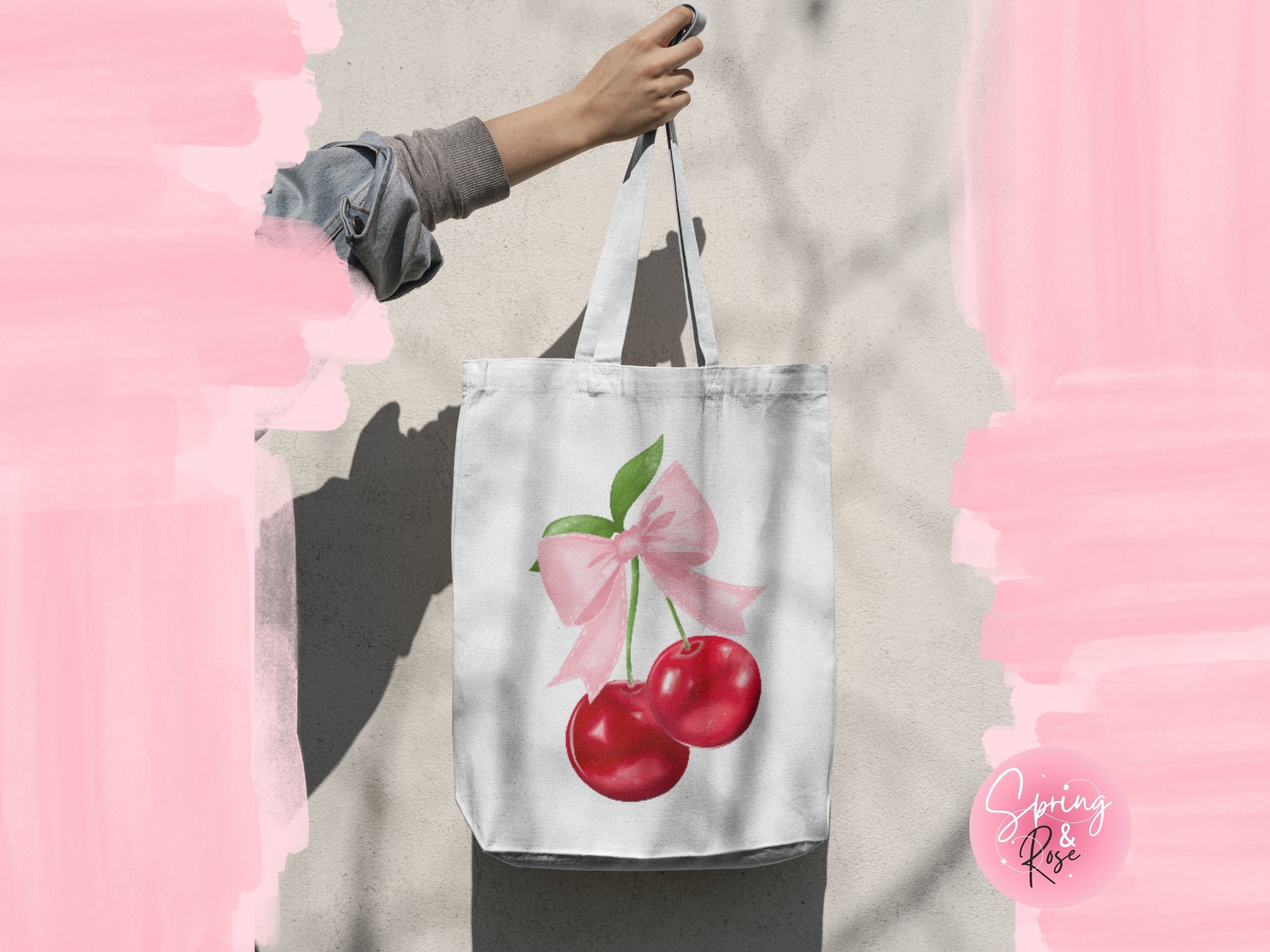 Coquette Cherries Png Pink Ribbon Bow Watercolor Clipart Bundle Digital ...