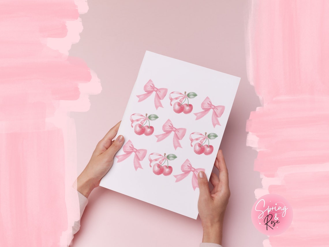 Coquette Cherries With Pink Ribbon Bow PNG Watercolor Cute Coquette Bow ...