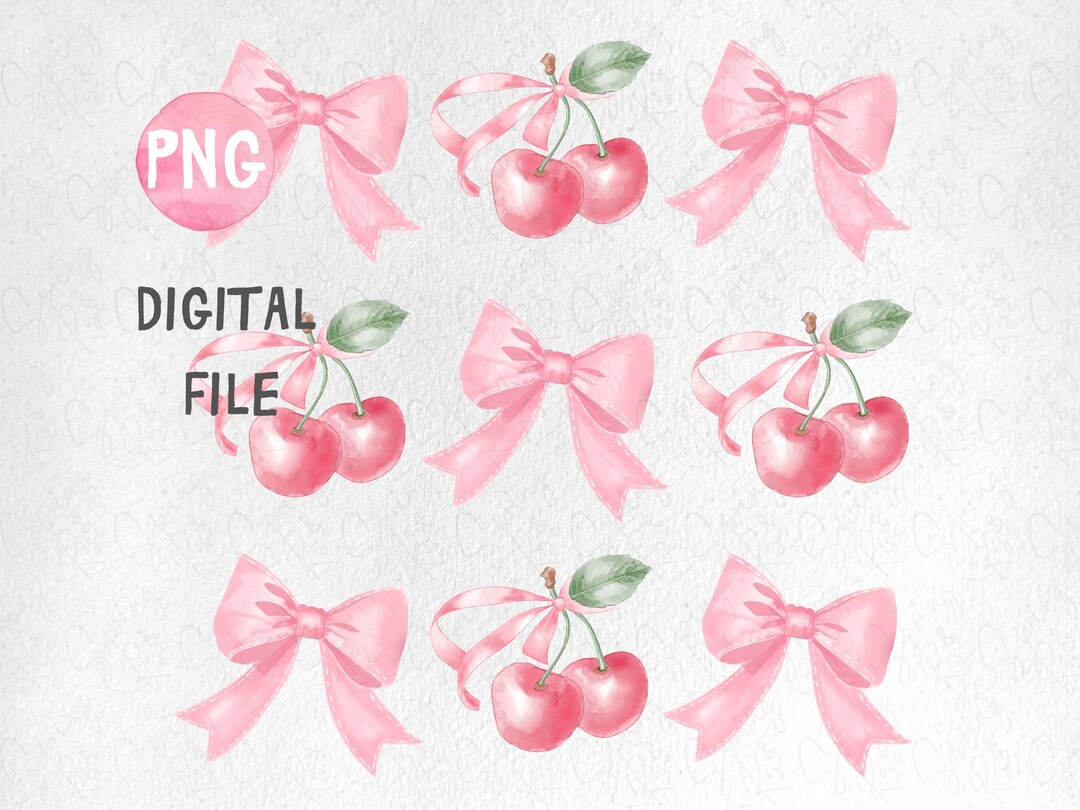 Coquette Cherries With Pink Ribbon Bow PNG Watercolor Cute Coquette Bow ...