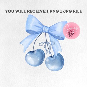 Blue Coquette Cherry Png Denim Ribbon Bow Watercolor Clipart Digital ...