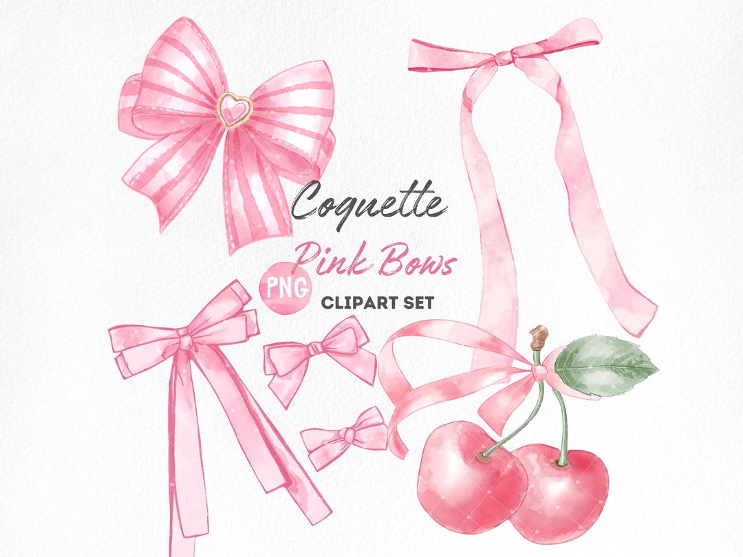 Pink Coquette Ribbon Bows and Cherries Watercolor PNG Clipart Set ...