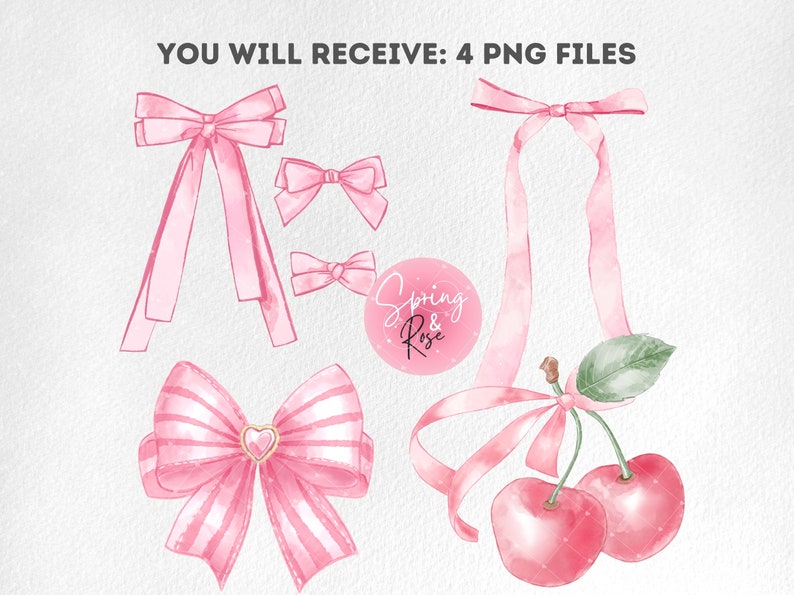 Pink Coquette Ribbon Bows and Cherries Watercolor PNG Clipart Set ...