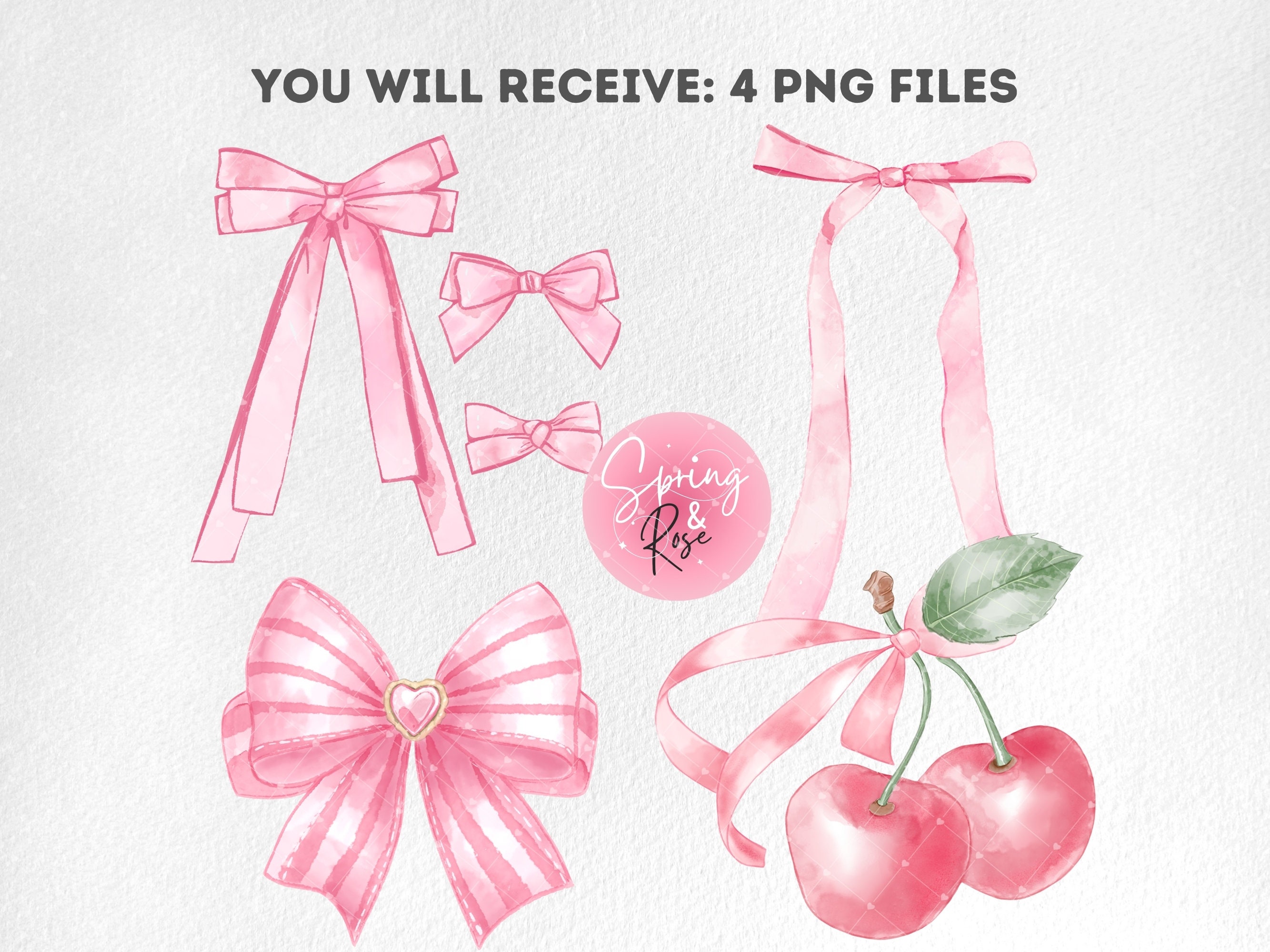 Pink Coquette Ribbon Bows and Cherries Watercolor PNG Clipart Set ...