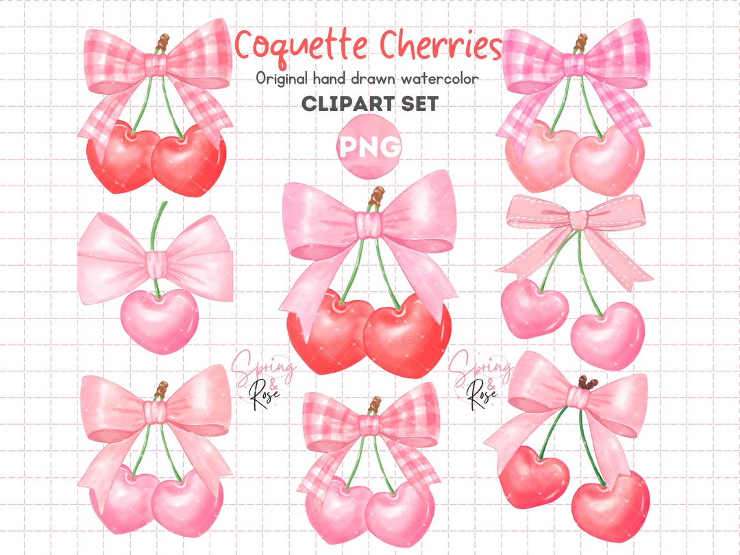 Coquette Cherry Png Pink Ribbon Bow Watercolor Clipart Bundle Digital ...