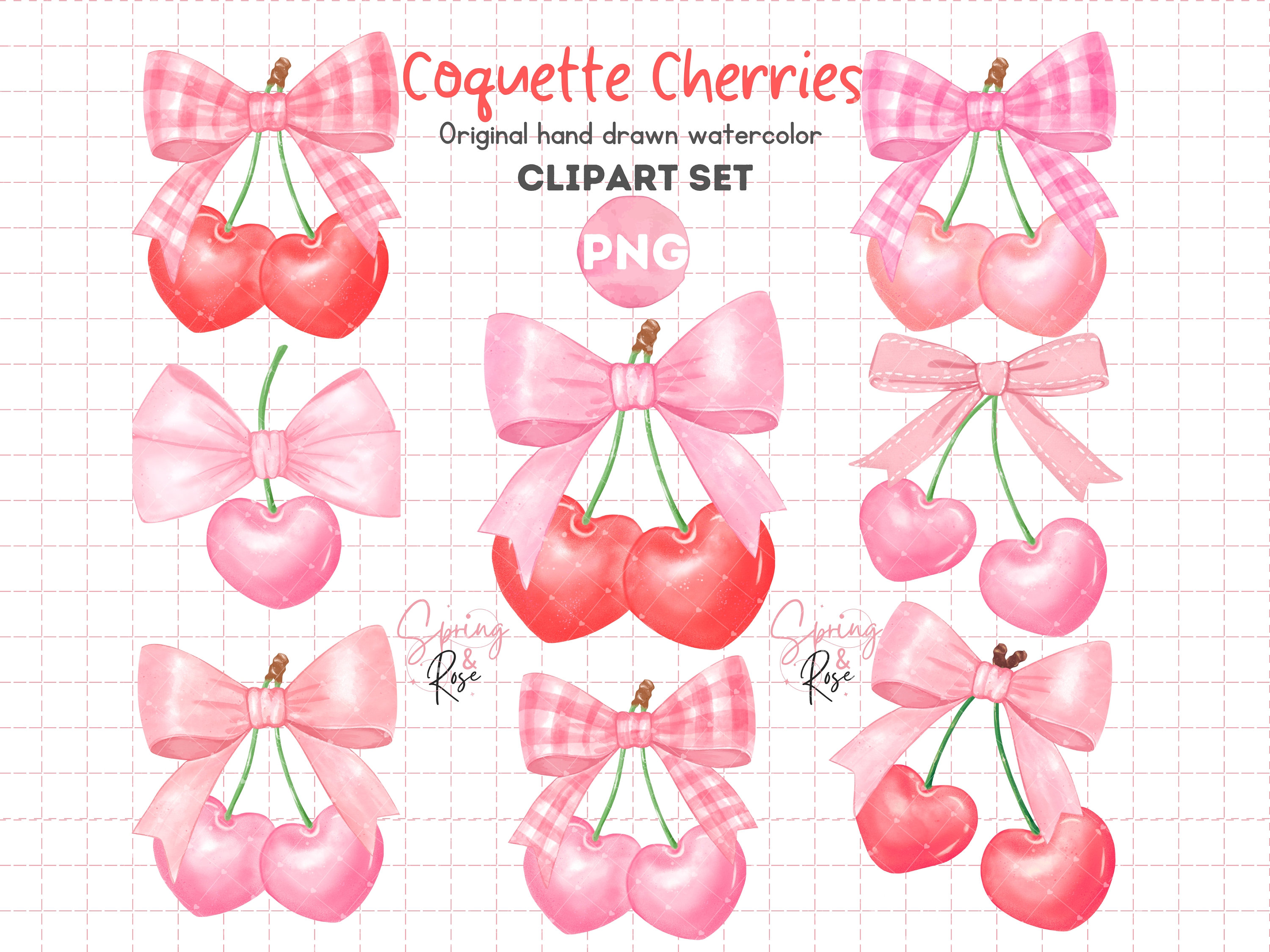 Coquette Cherry Png Pink Ribbon Bow Watercolor Clipart Bundle Digital ...