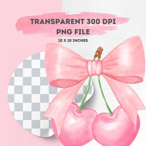 Coquette Pink Cherry Png Pink Ribbon Bow Watercolor Clipart Digital ...