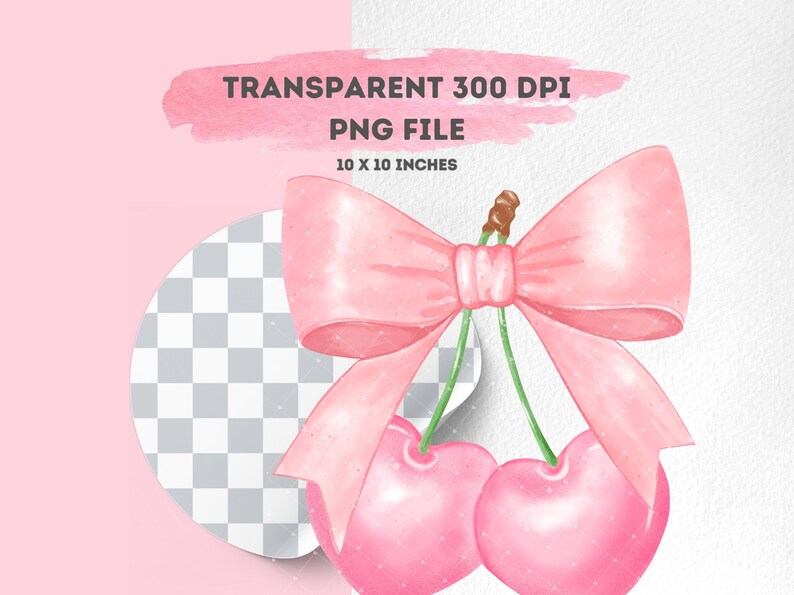 Coquette Pink Cherry Png Pink Ribbon Bow Watercolor Clipart Digital ...