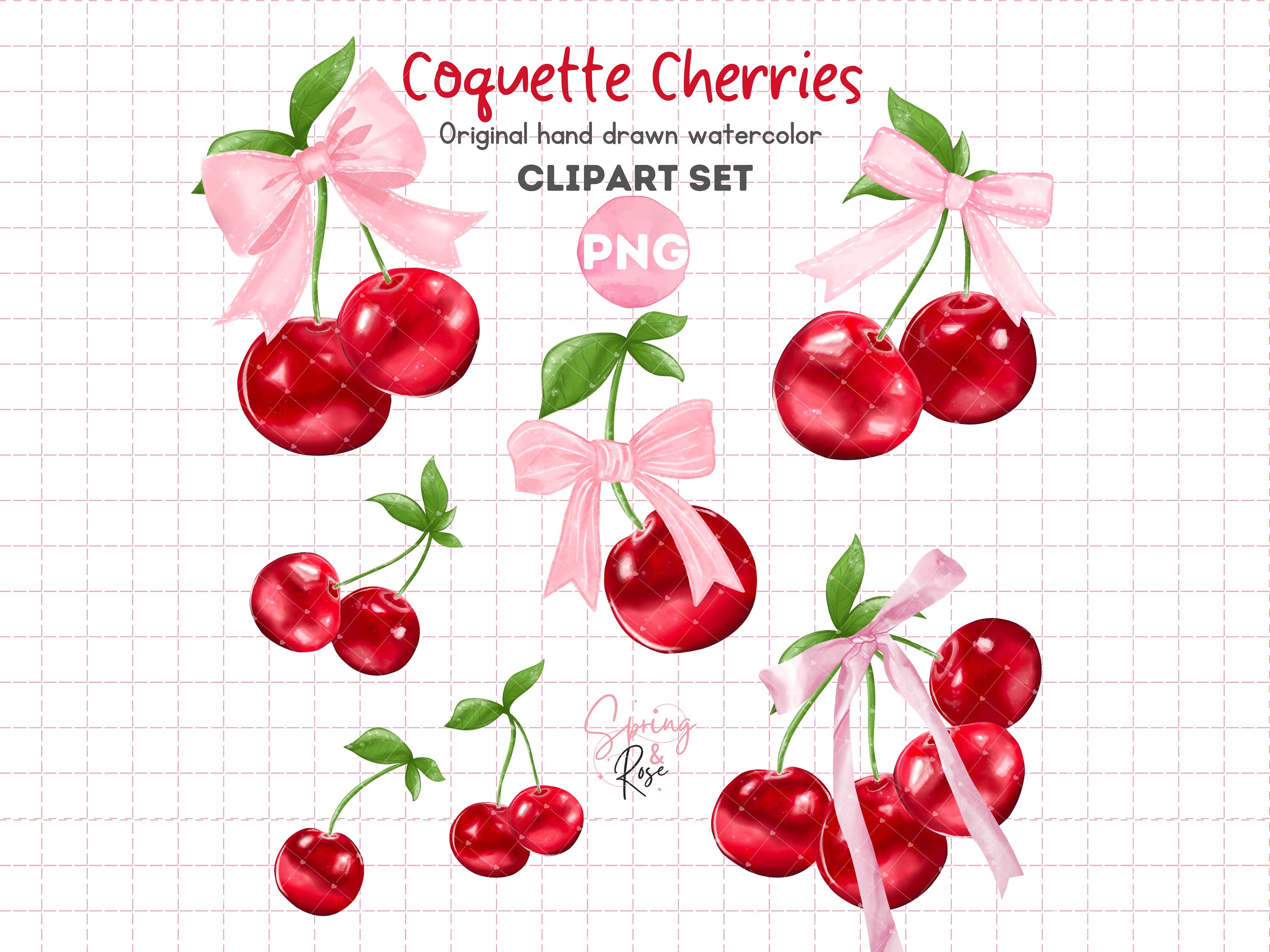 Coquette Cherries Png Pink Ribbon Bow Watercolor Clipart Bundle Digital ...