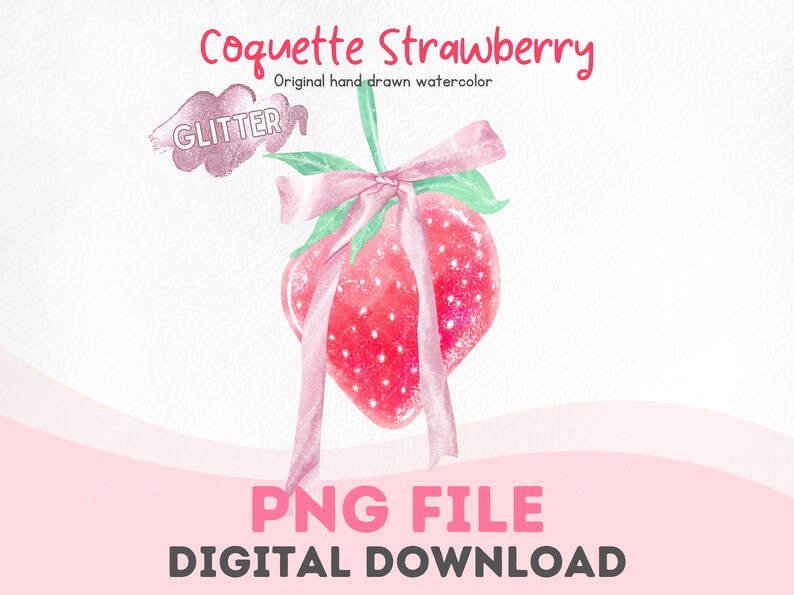 Coquette Strawberry Png Pink Glitter Ribbon Bow Watercolor Clipart ...