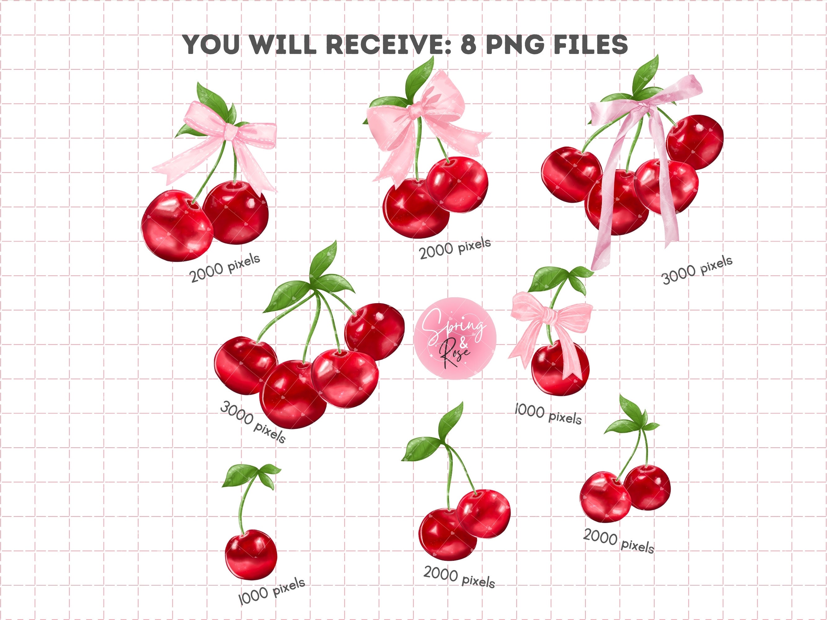 Coquette Cherries Png Pink Ribbon Bow Watercolor Clipart Bundle Digital ...