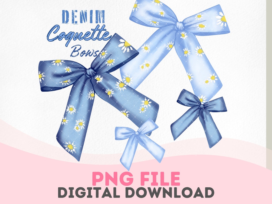 Blue Coquette Bow With Daisy Embroidery Denim Blue Ribbon Bow Clipart ...