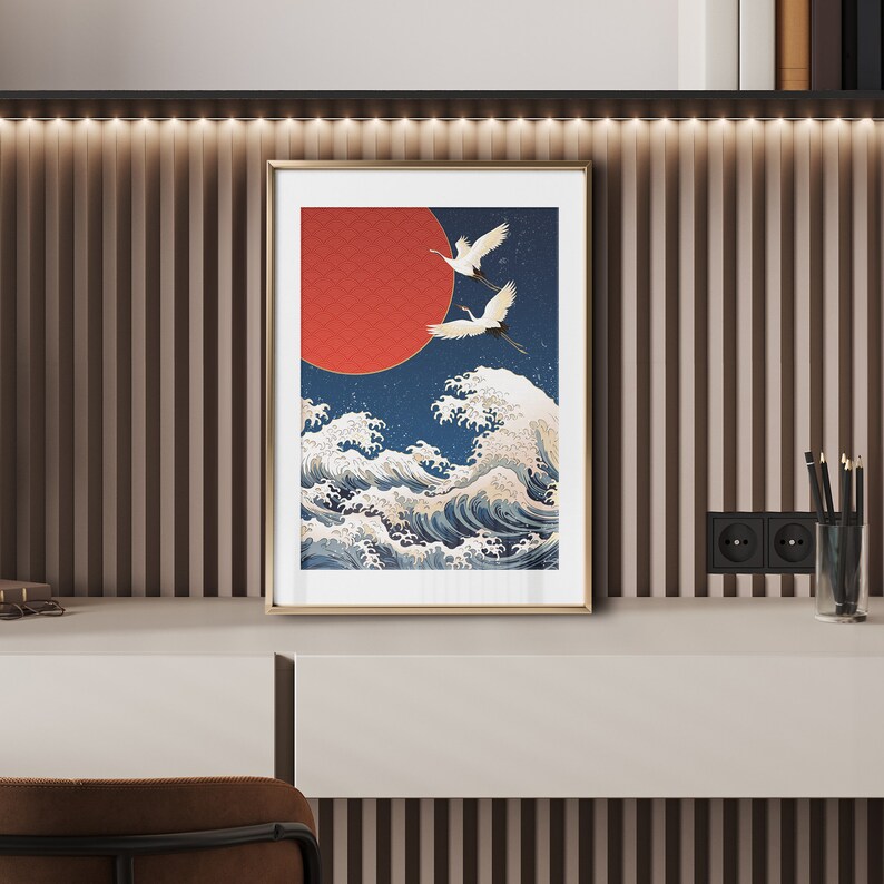 JAPANDI Akai Tsuki Wall Art | Great Wave off Kanagawa | Modern Japanese Art | Japandi ...
