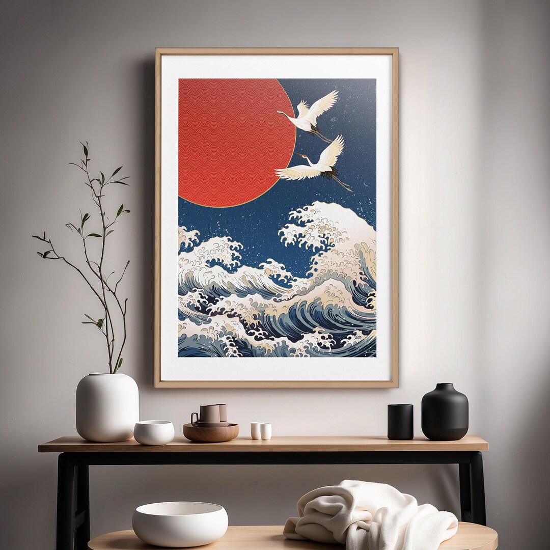 JAPANDI Akai Tsuki Wall Art Great Wave off Kanagawa Modern Japanese Art Japandi Contemporary ...