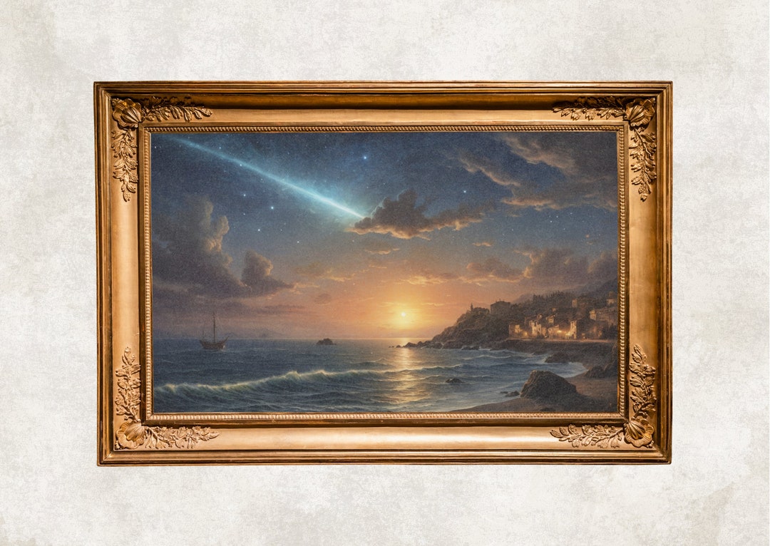 Renaissance Meteor Sea, Fantasy Ocean Painting, Handmade Canvas Texture ...