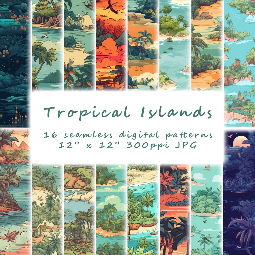 16 Tropical Islands Seamless Patterns, Digital Paper, Tropical, Digital ...