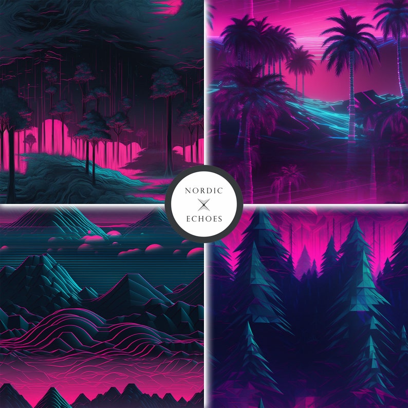 12 Synthscape Dreams Seamless Patterns, Synthwave Landscapes, Digital Paper, Print at Home ...