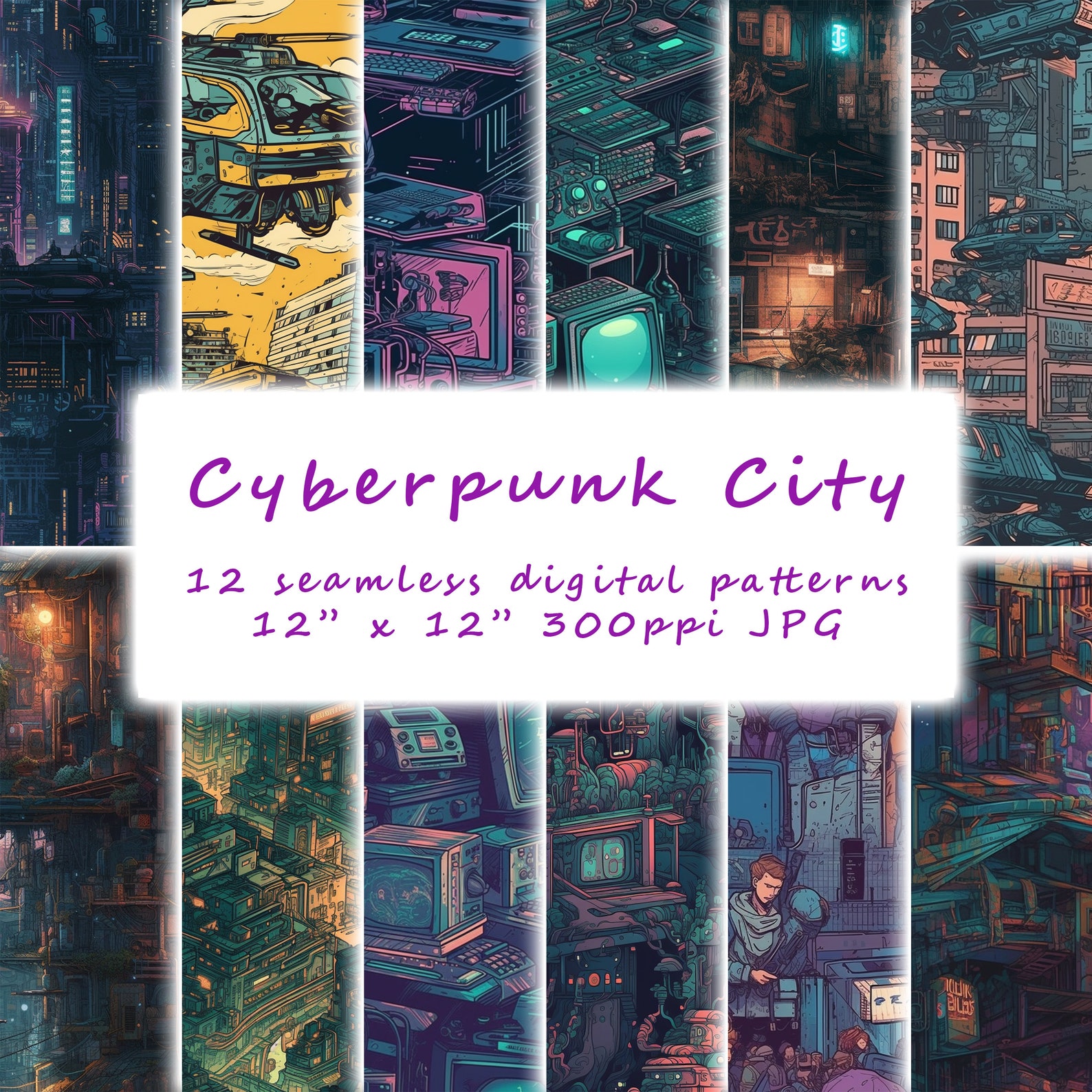 12 Cyberpunk City Digital Seamless Patterns, Cyberpunk City Digital ...