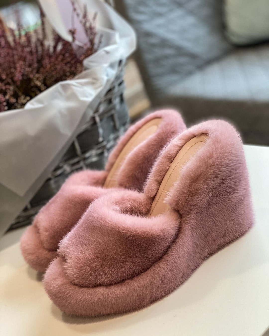 Women Genuine Mink Fur Slippers Leather Platform Thongs Wedges - Etsy