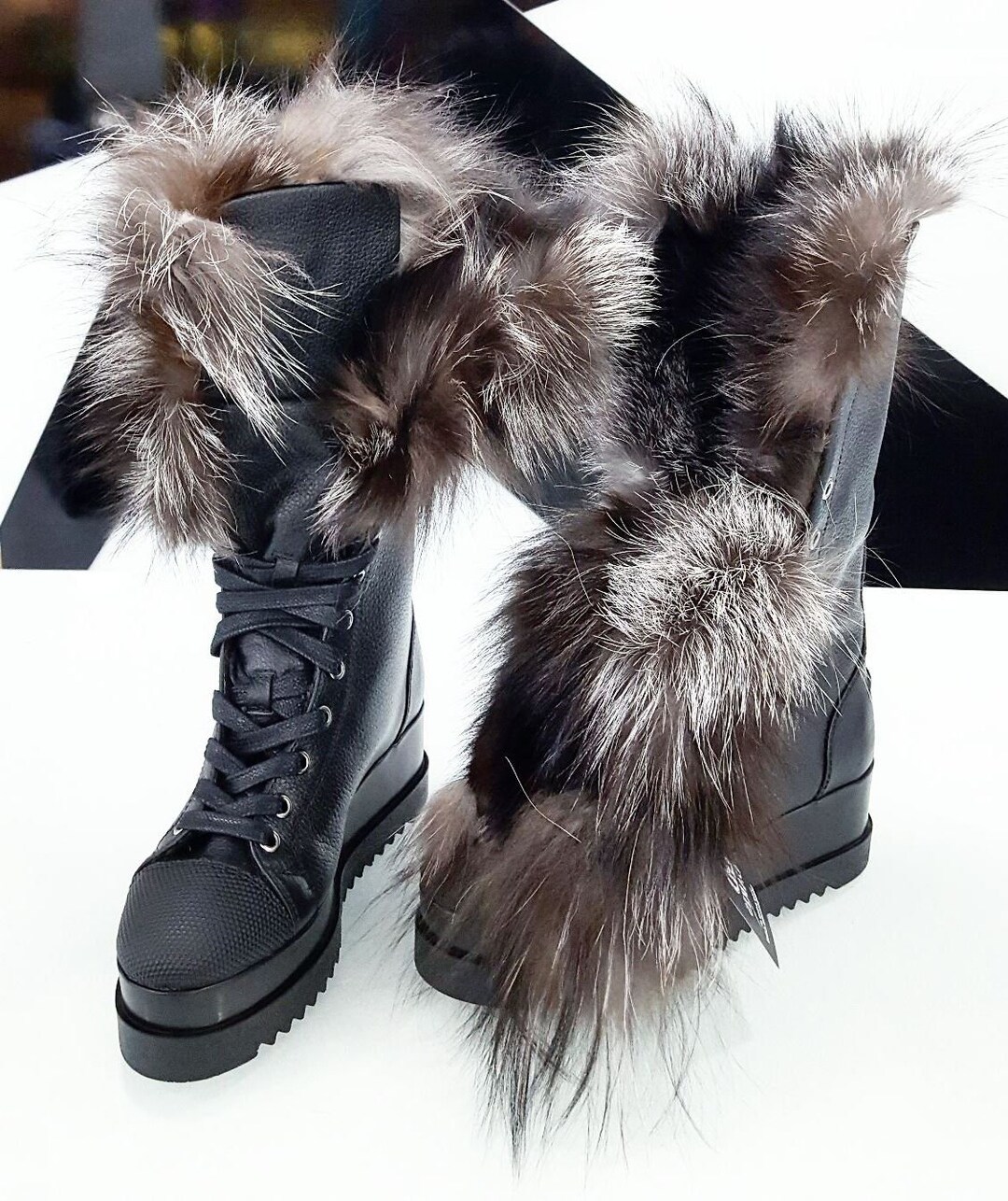 Women Genuine Fox Fur Real Leather Wedges Platform Grange - Etsy