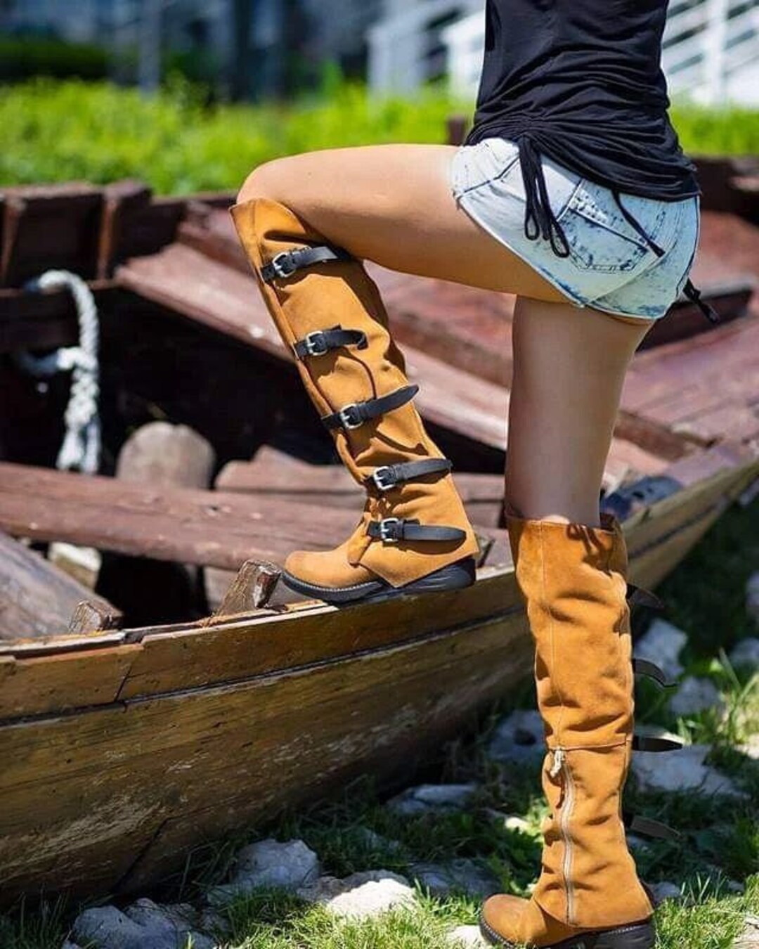 Women Genuine Leather Knee High Grange Combat Boots Casual - Etsy