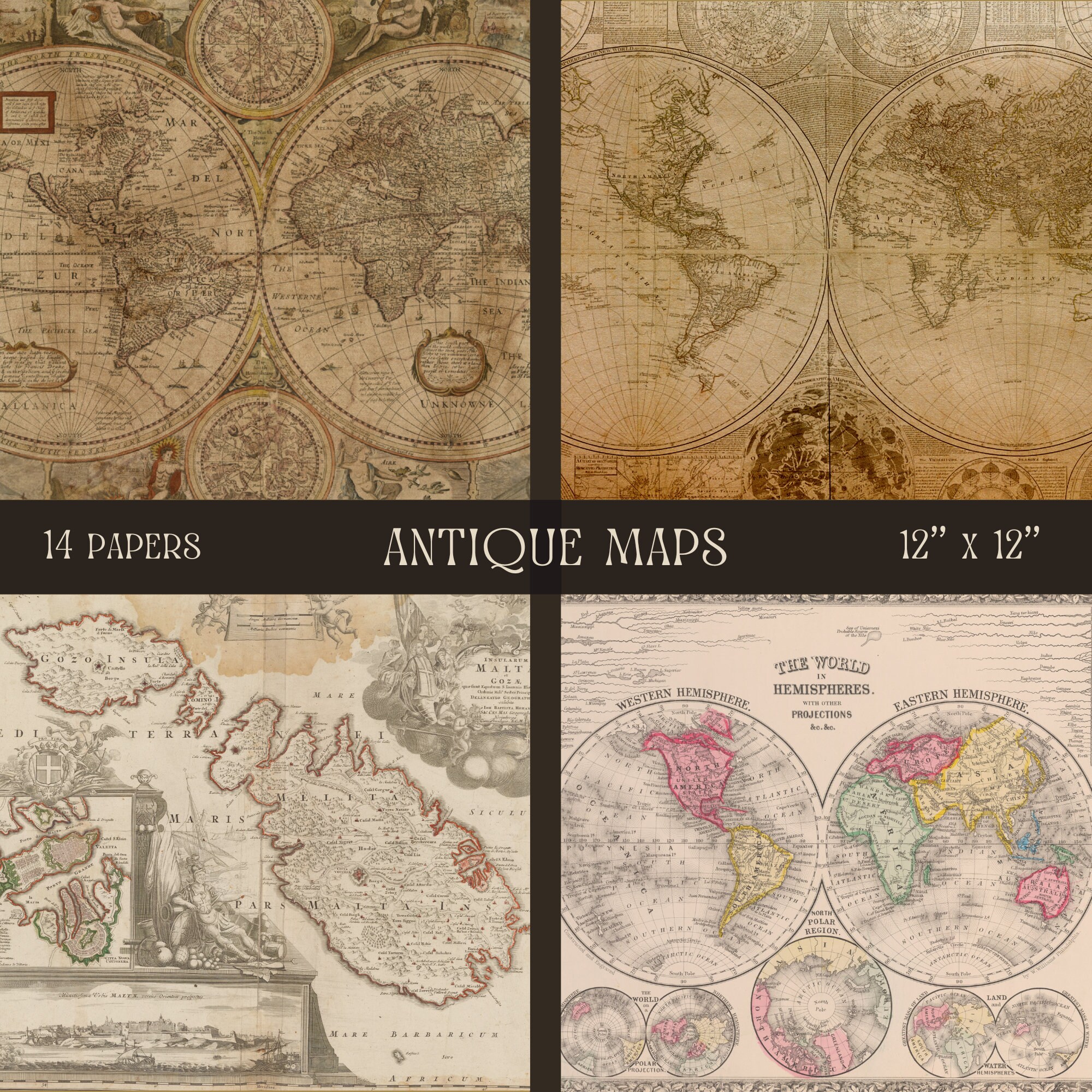Vintage World Maps Scrapbook Paper Set / Antique Atlas Pages and Travel ...