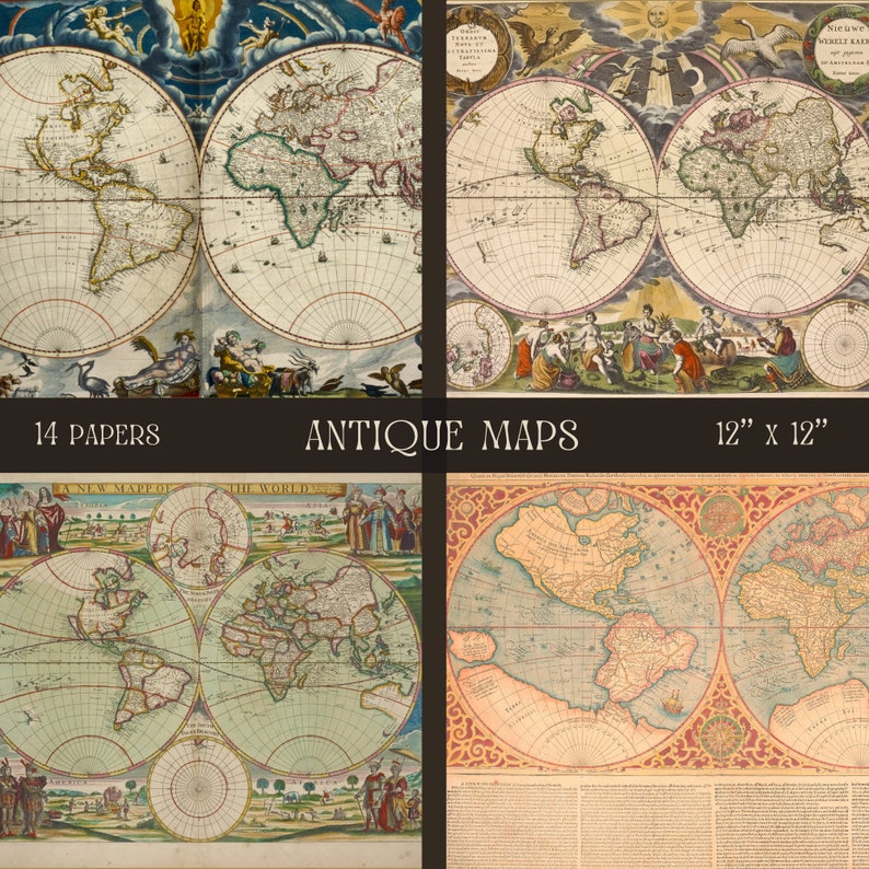 Vintage World Maps Scrapbook Paper Set / Antique Atlas Pages and Travel ...