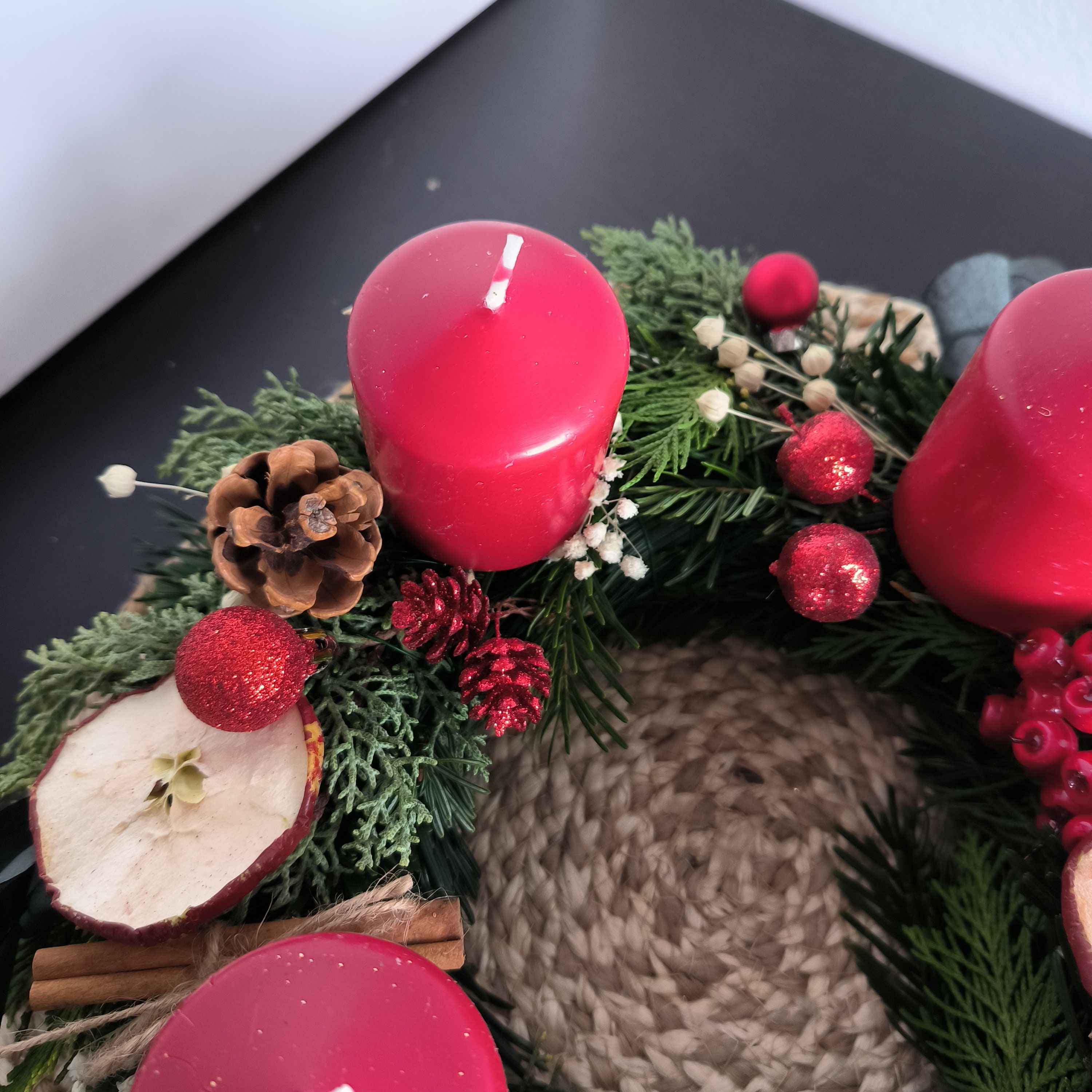 Türkranz Weihnachten Mit Trockenblumen Rote Kerzen, Natür Adventkranz ...