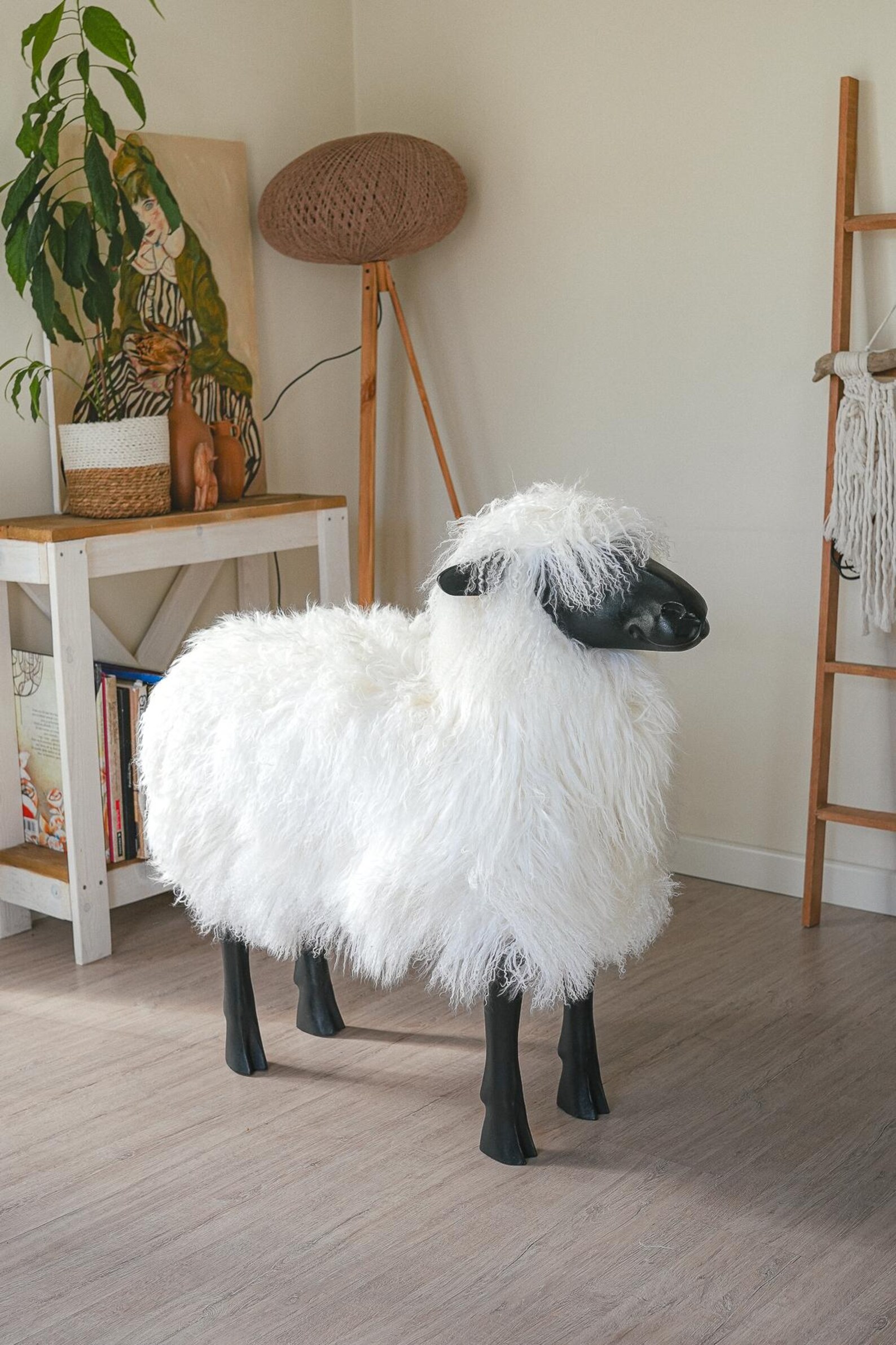 Fluffy Sheepskin Stool: Lalanne Style Sheep Chair, Handmade Ottoman - Etsy