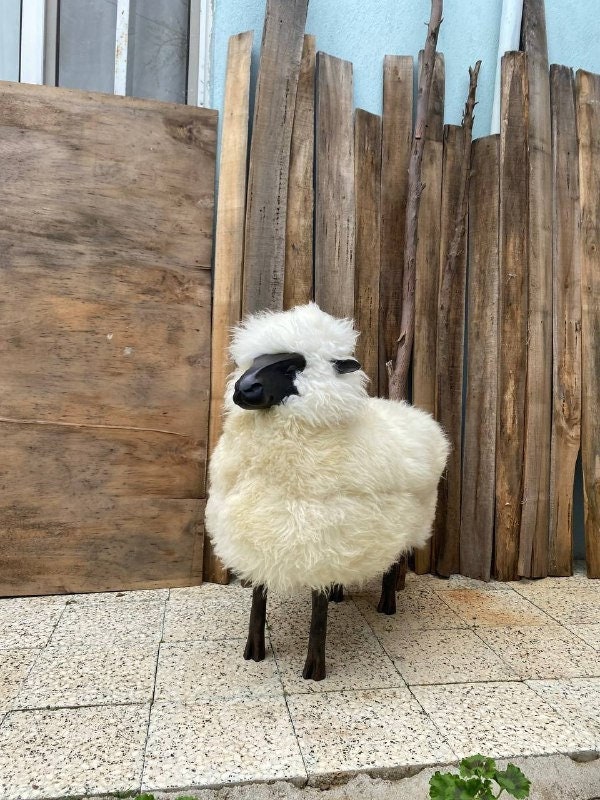 White Large Sheep Stool Made of Natural Sheep Fur in the Style - Etsy