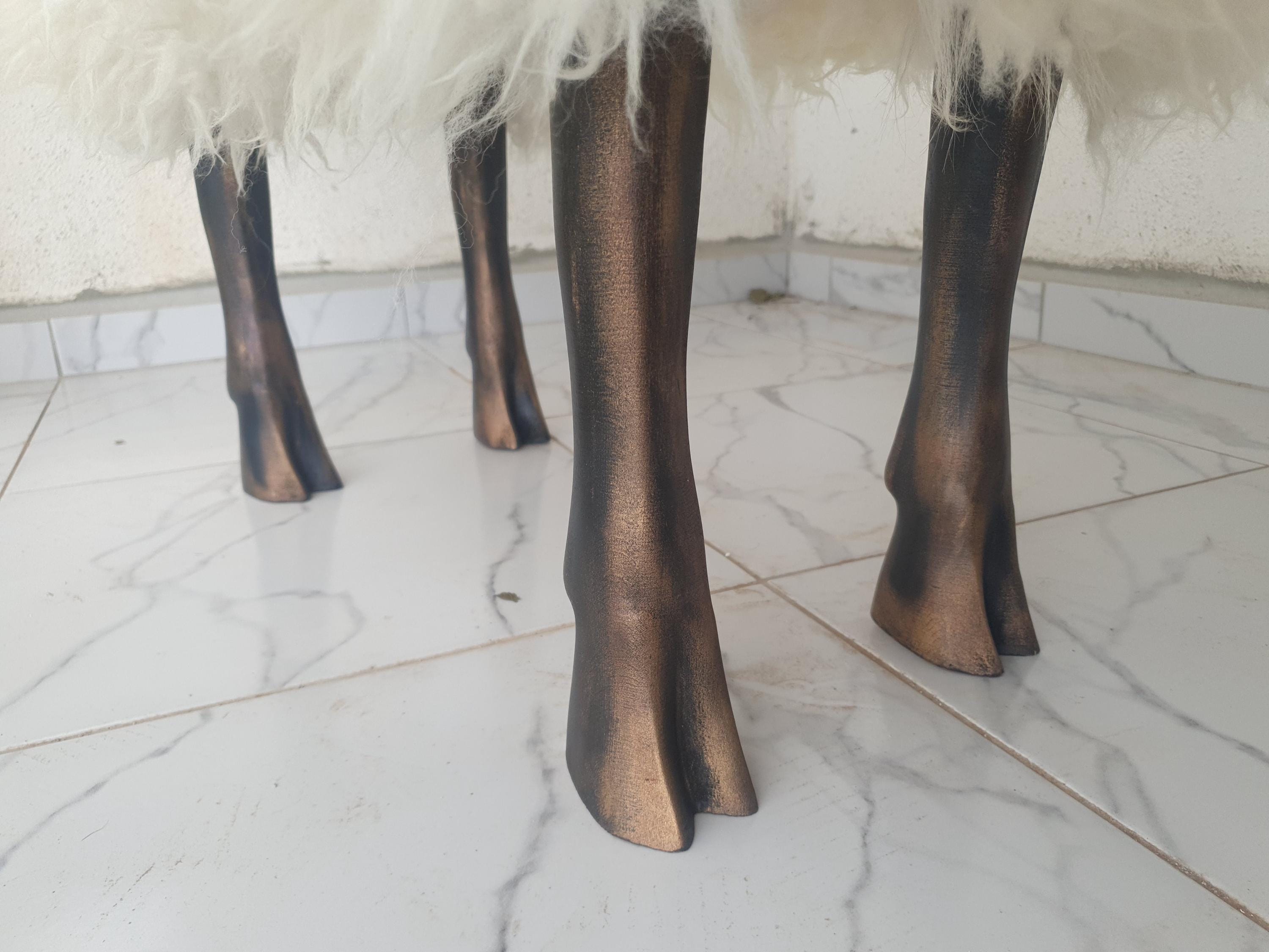 Bronze Effect Lalanne Style RAM Chair.luxurious Fluffy Sheepskin Stool ...