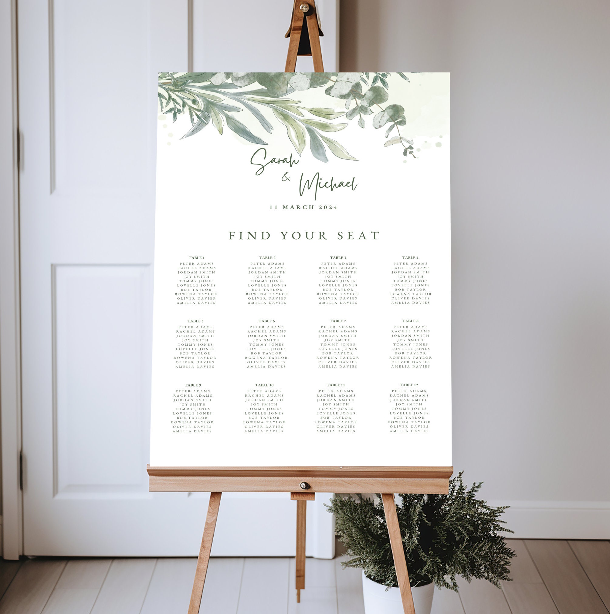 Greenery Seating Chart Wedding Template Botanical Editable Seating Plan ...