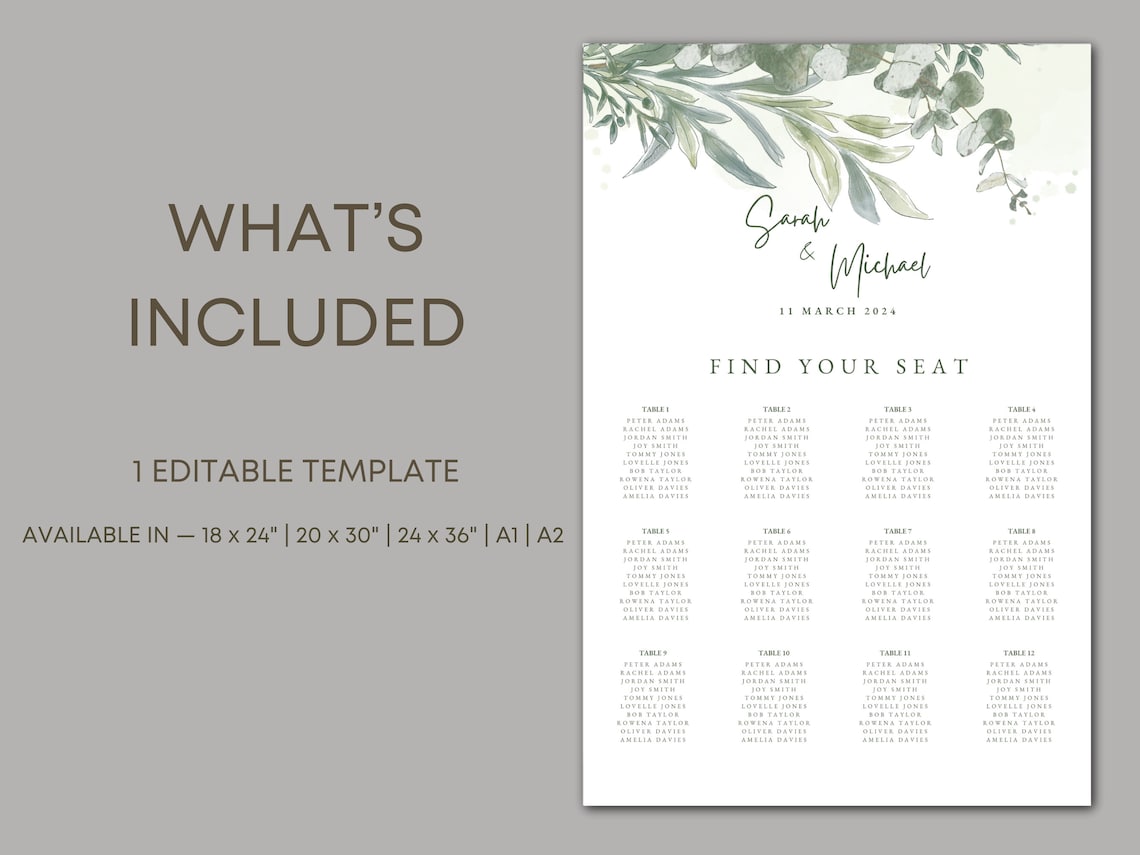 Greenery Seating Chart Wedding Template Botanical Editable Seating Plan ...