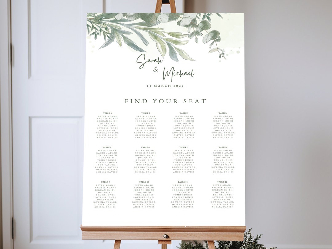 Greenery Seating Chart Wedding Template Botanical Editable Seating Plan ...