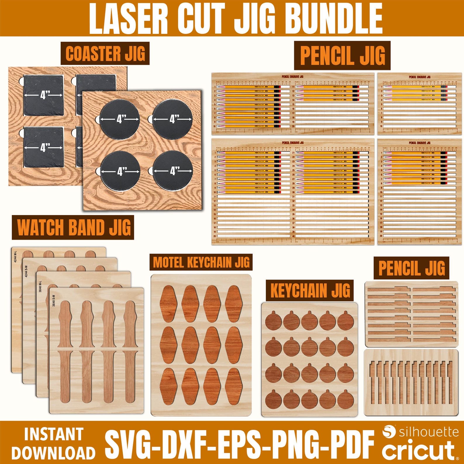 Laser Cut Jig Bundle: Pencil, Watch Band, Coaster (SVG, PNG, PDF) - Etsy