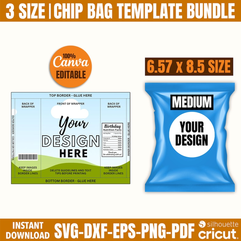 Chip Bag Template Bundle: 3 Size Editable Party Favor (digital Download ...