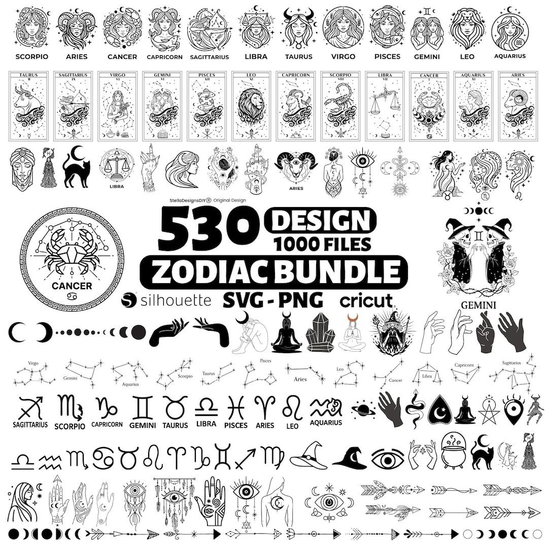 530 Zodiac Signs SVG Bundle | Astrology & Horoscope Designs | Zodiac ...