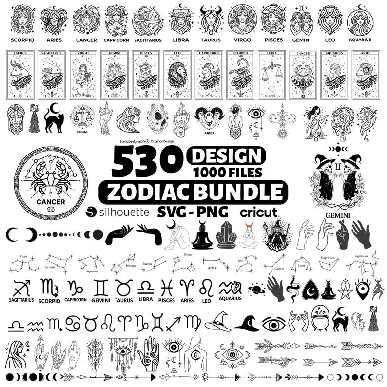 530 Zodiac Signs SVG Bundle | Astrology & Horoscope Designs | Zodiac ...