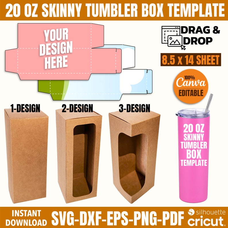 20 Oz Skinny Tumbler Box Bundle Template, Tumbler Box Template, Box Svg ...