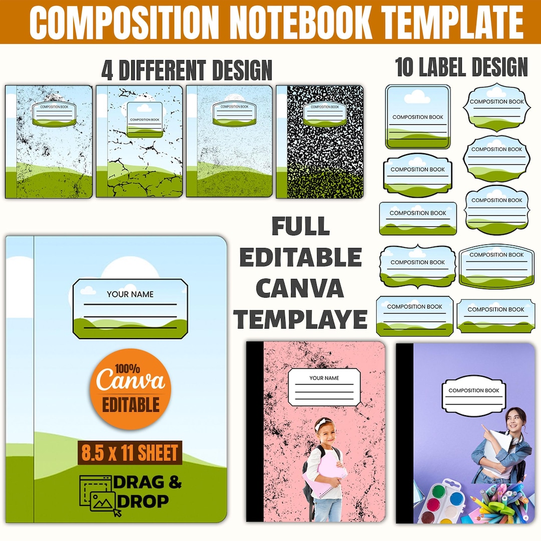 Canva Composition Notebook Cover Template: 10 Editable Label Designs ...