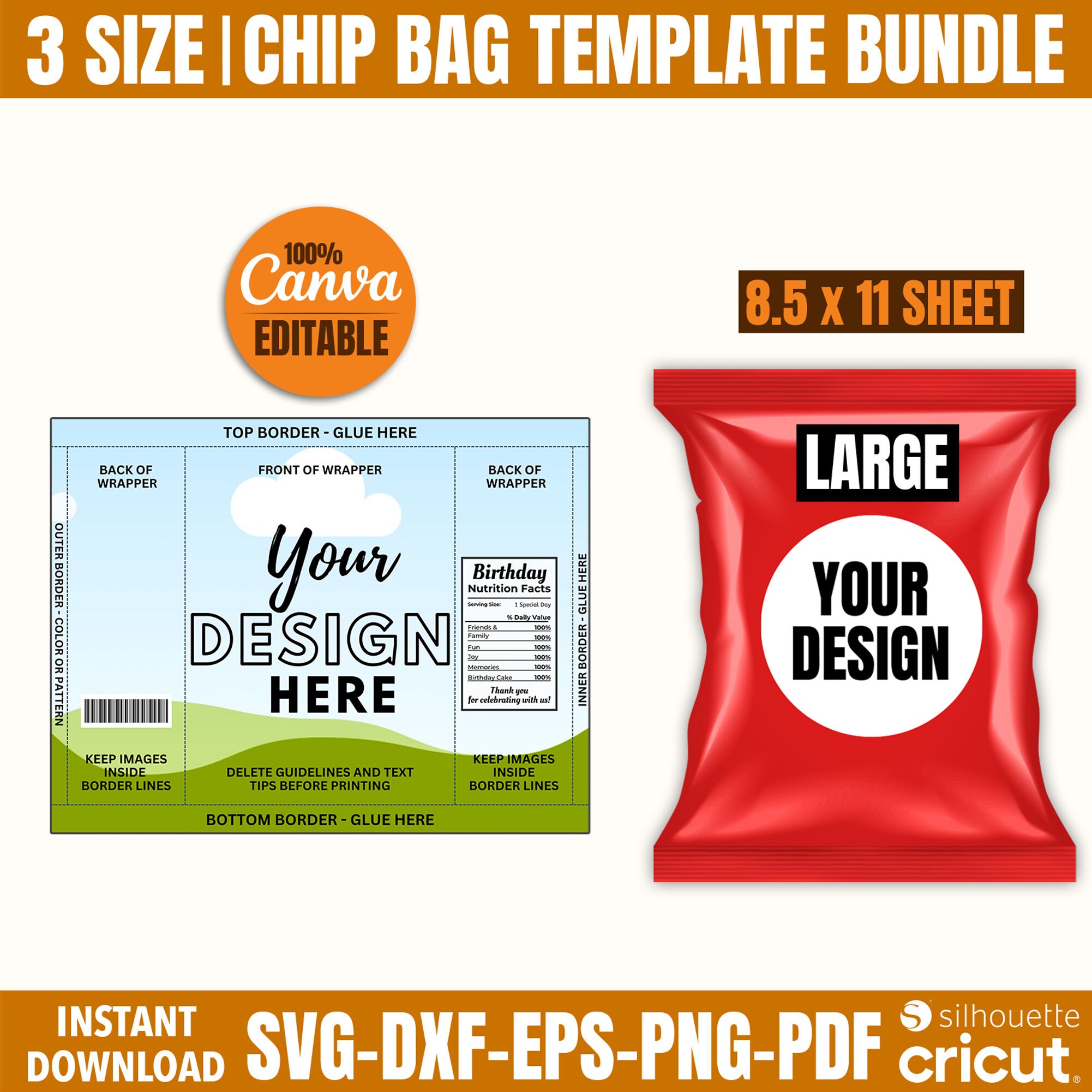 Chip Bag Template Bundle: 3 Size Editable Party Favor (digital Download ...