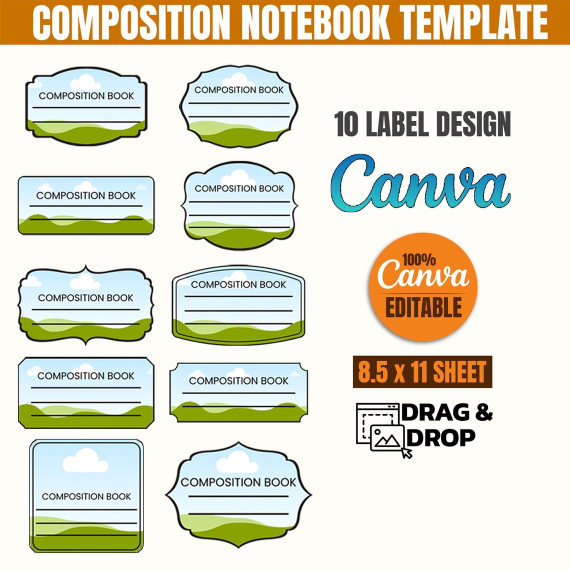 Canva Composition Notebook Cover Template: 10 Editable Label Designs ...