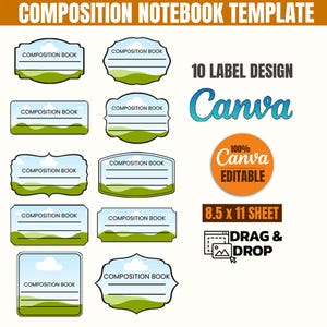 Canva Composition Notebook Cover Template: 10 Editable Label Designs ...