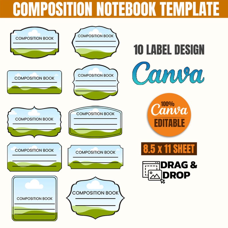 Canva Composition Notebook Cover Template: 10 Editable Label Designs ...